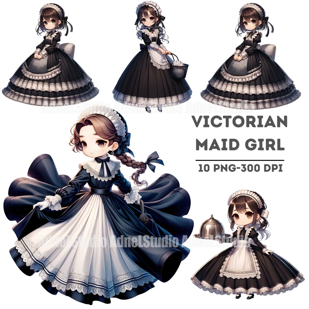 Watercolor Victorian Maid Girl Clipart, Chibi Girl Clipart, Little Girl ...