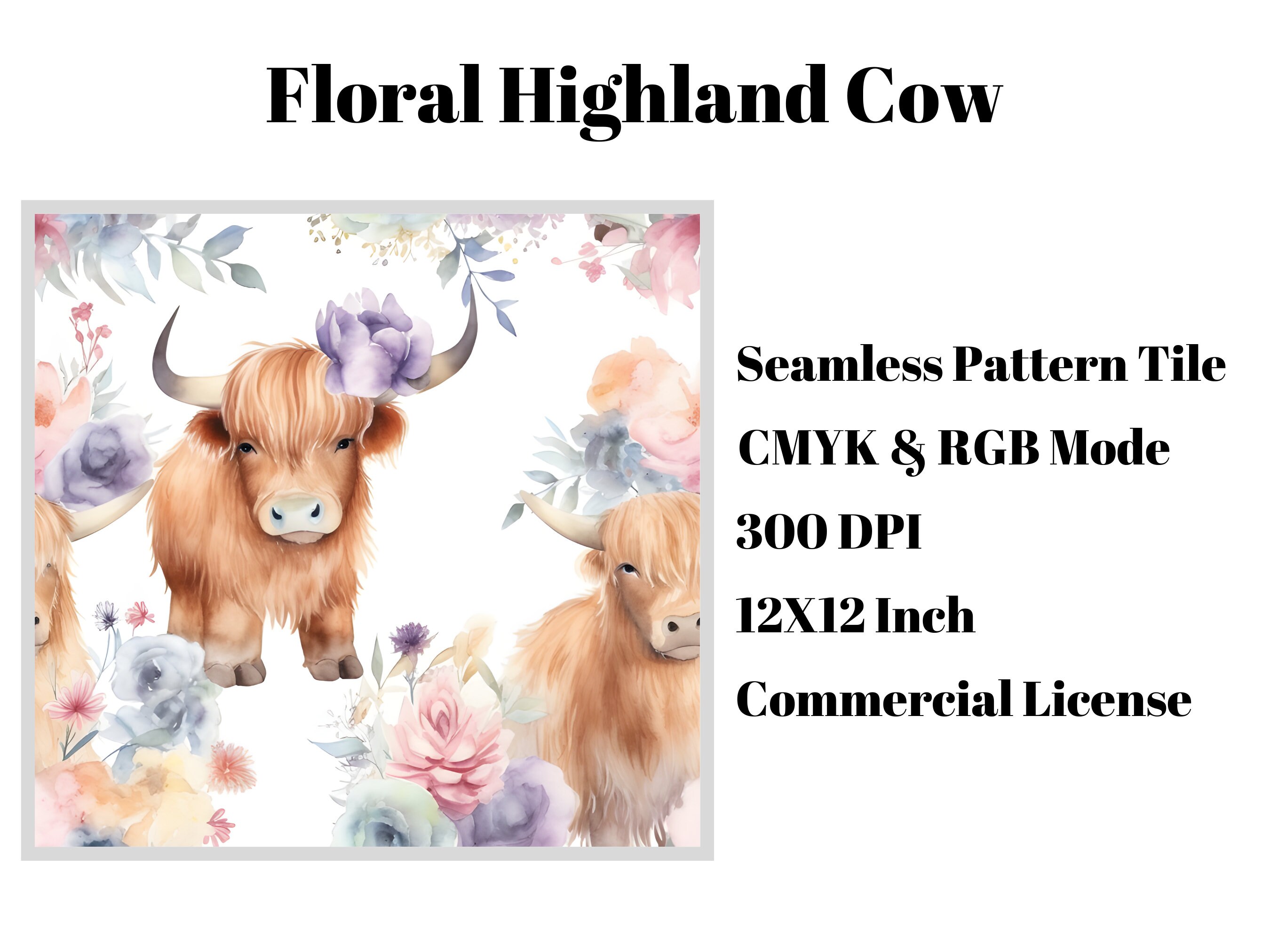 Watercolor Floral Highland Cow Seamless Pattern Highland Cow - Etsy