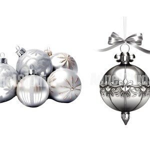 Silver Christmas Ornaments Clipart, Watercolor Ornament Clipart ...