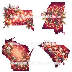 Festive Christmas USA State Map Clipart, 50 State Christmas Map Clipart ...