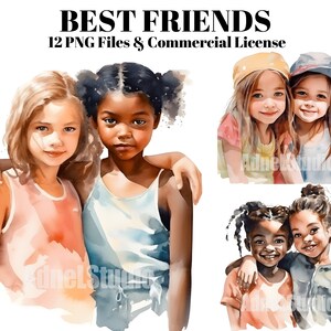 Watercolor Best Friends PNG - 12 Watercolor Kids Girl BFF, Best Friend ...