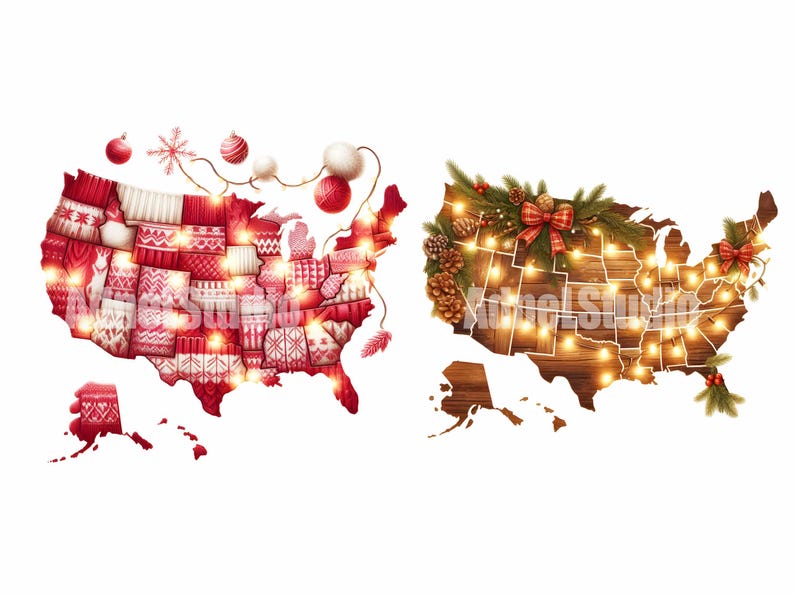 Christmas USA Map Clipart, Festive Holiday USA Map Digital Download ...