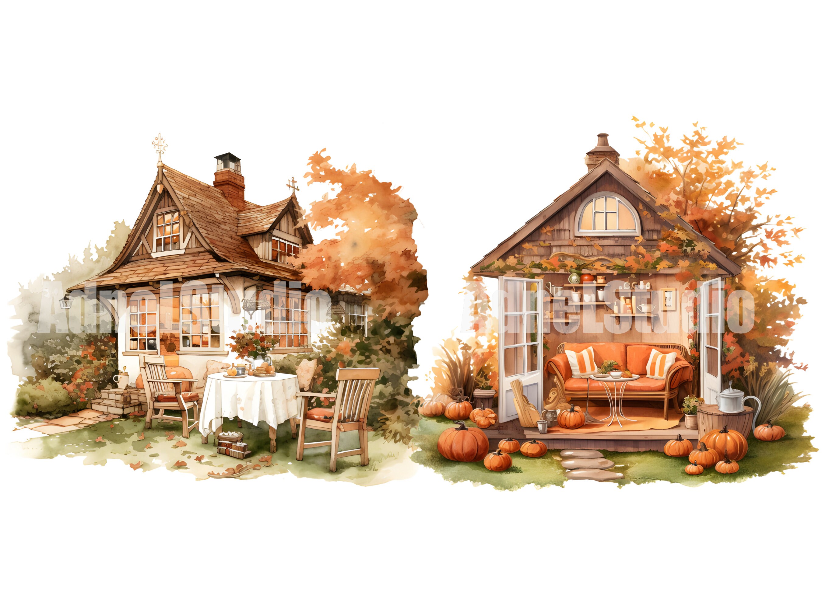 Watercolor Cottage Clipart - Vintage Cottage Core Clipart, Fall Cottage ...