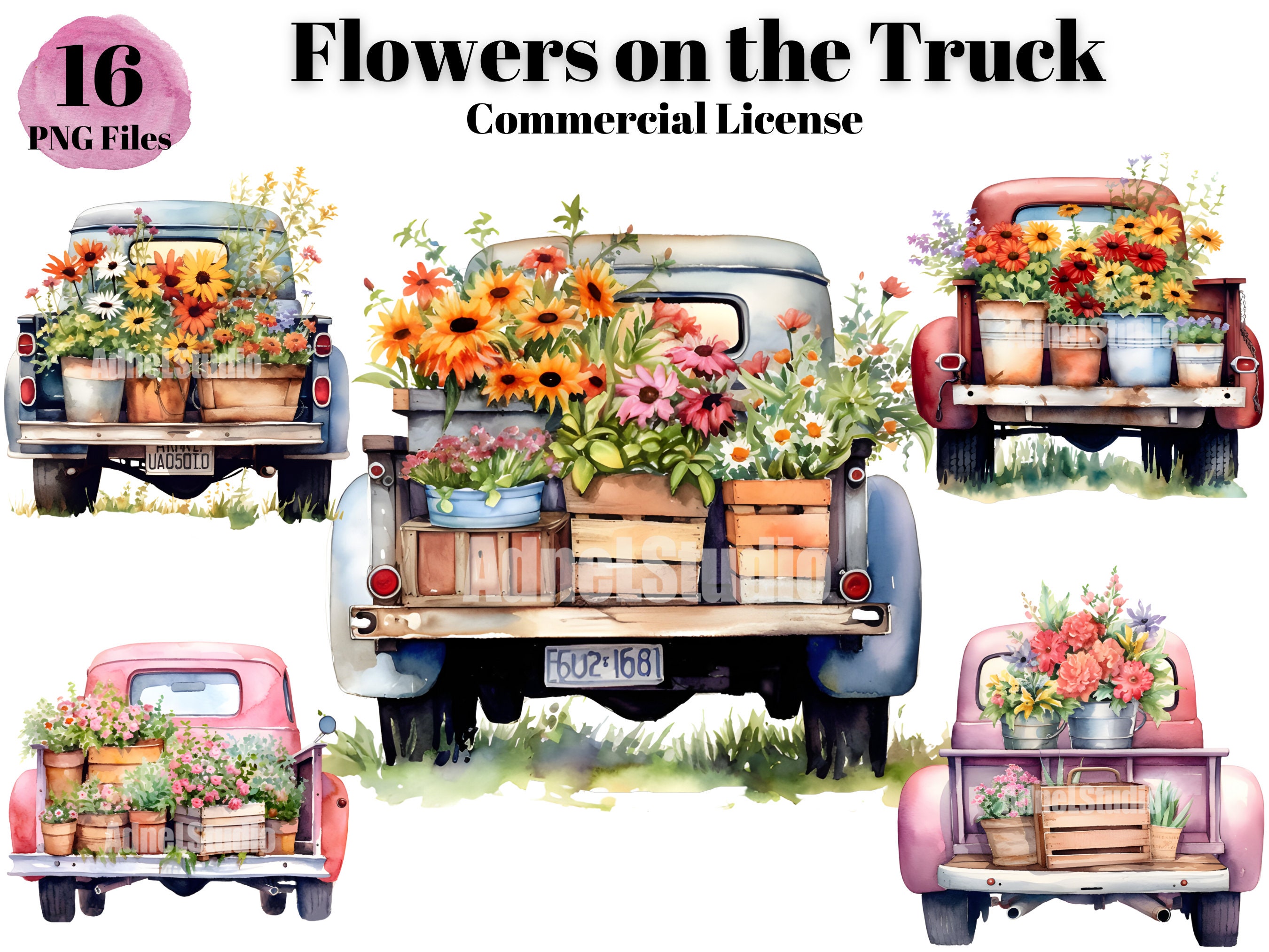 Flower Farm Truck Clipart Watercolor Flower Truck Png - Etsy