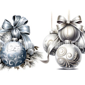 Silver Christmas Ornaments Clipart, Watercolor Ornament Clipart ...