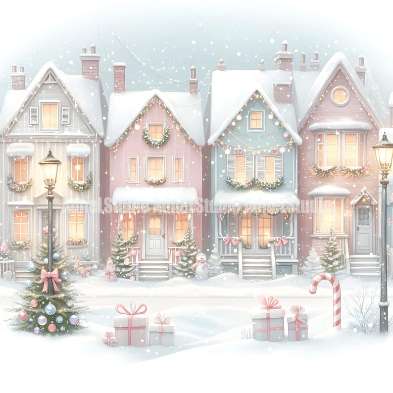Snowy Christmas Village Clipart Bundle, Cozy Winter Houses With Holiday ...
