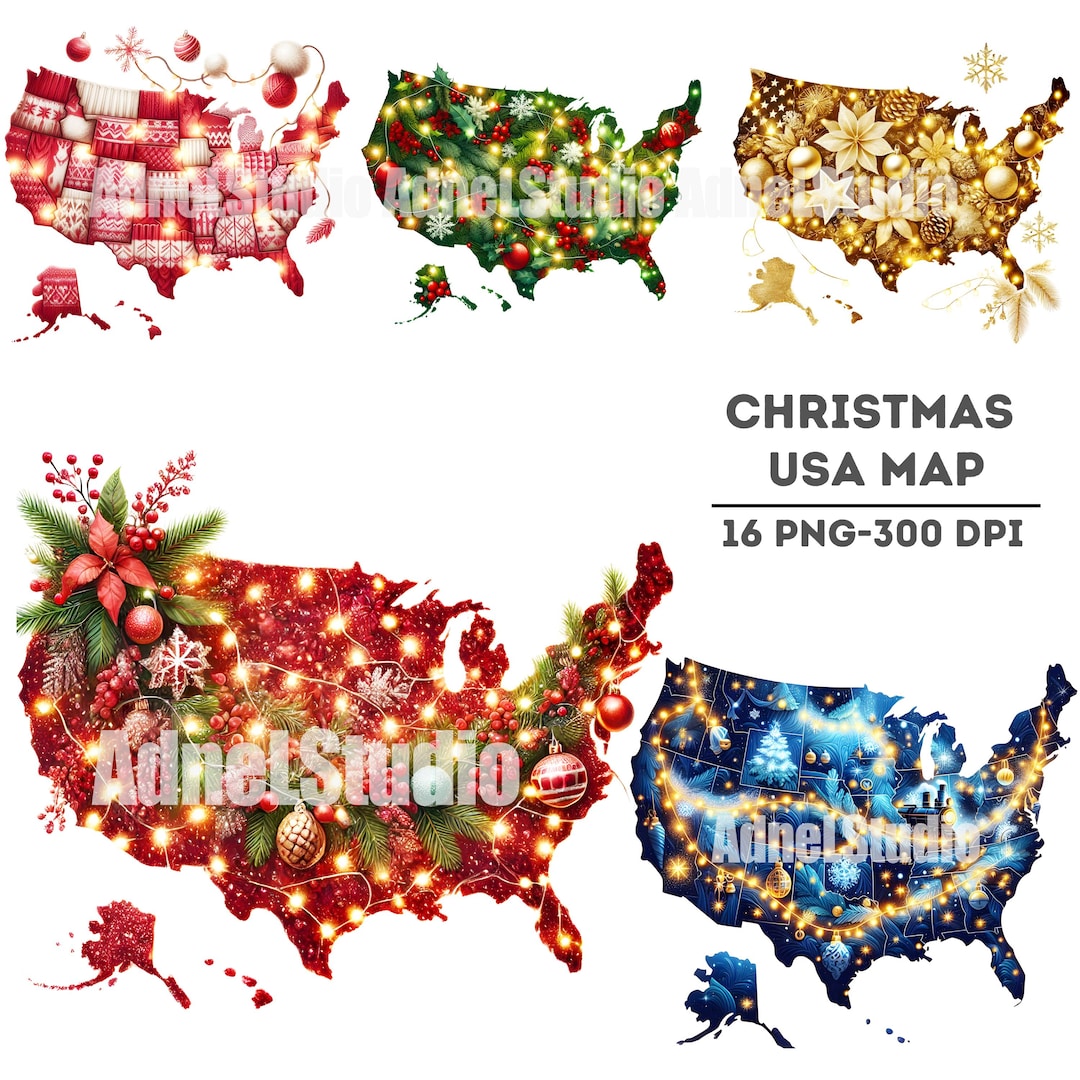 Christmas USA Map Clipart, Festive Holiday USA Map Digital Download ...