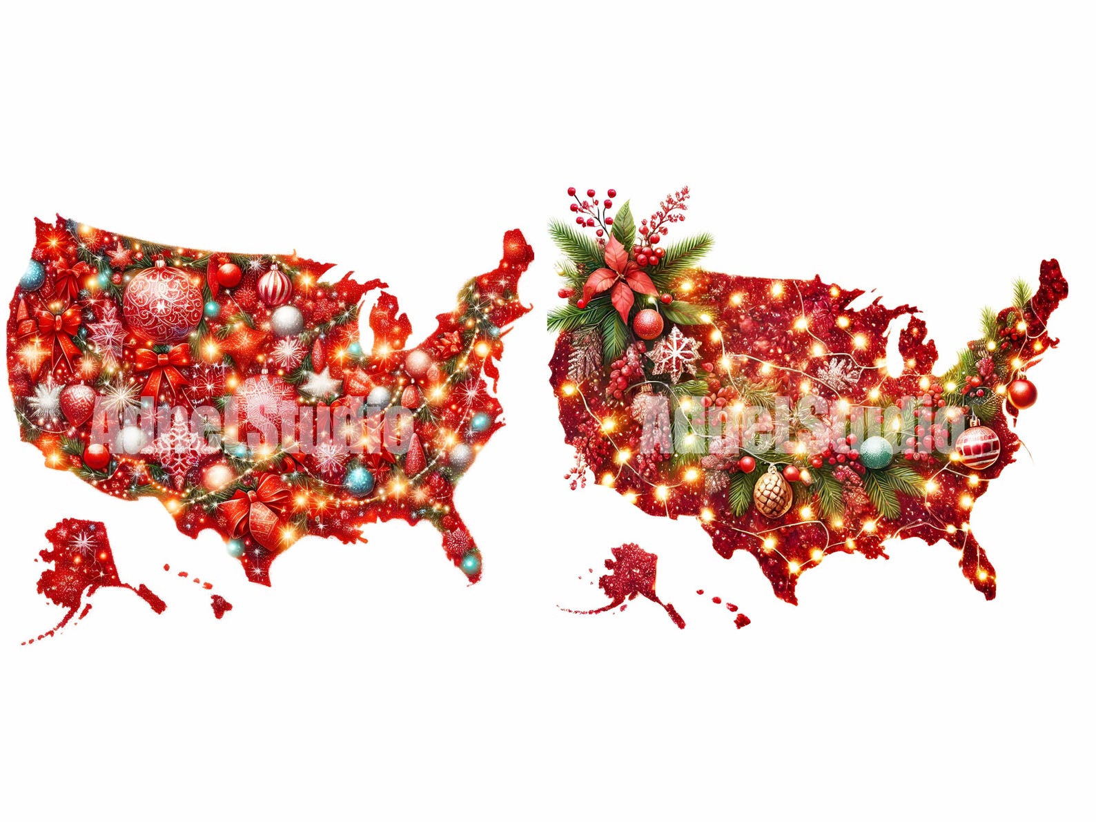 Christmas USA Map Clipart, Festive Holiday USA Map Digital Download ...