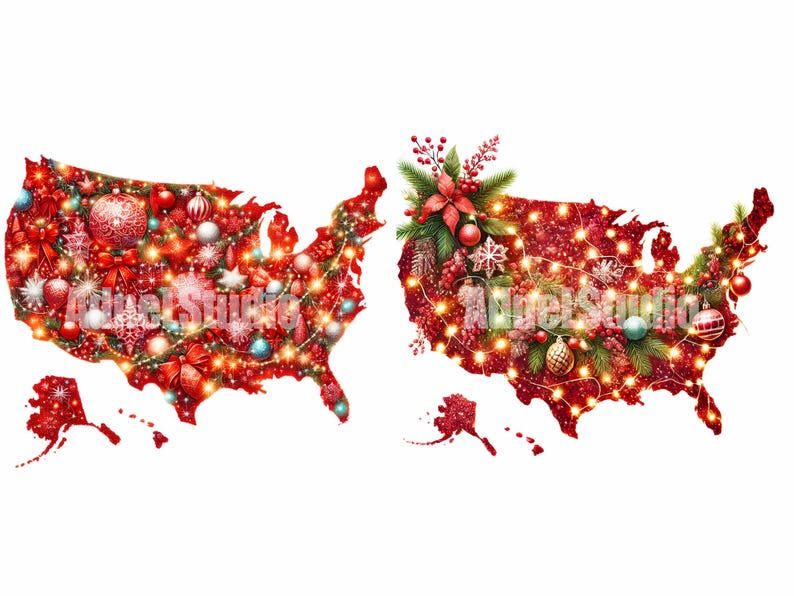 Christmas USA Map Clipart, Festive Holiday USA Map Digital Download ...