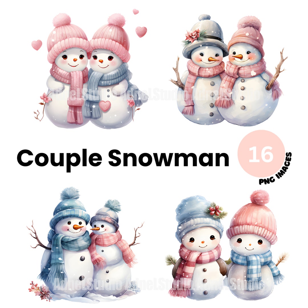 Christmas Snowman Clipart, Christmas Clipart, Watercolor Snowman Couple ...