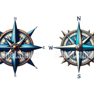 Watercolor Nautical Star and Compass Clipart, Classic Nautical Clipart ...