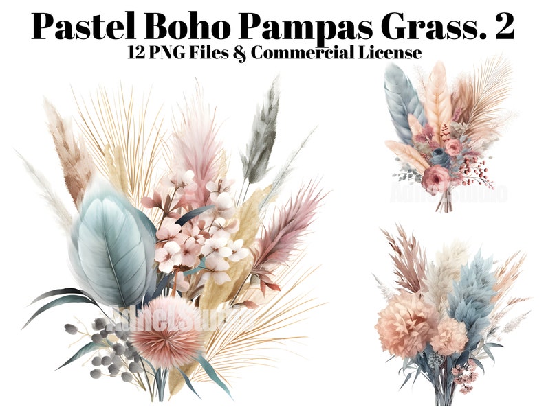 Pastel Boho Flowers Clipart Watercolor Boho Floral Bouquet - Etsy