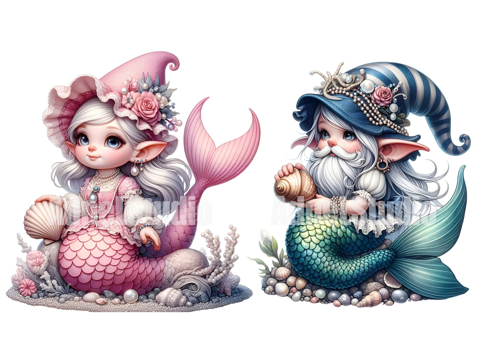 Watercolor Mermaid Gnome Clipart, Watercolor Mermaid Clipart ...