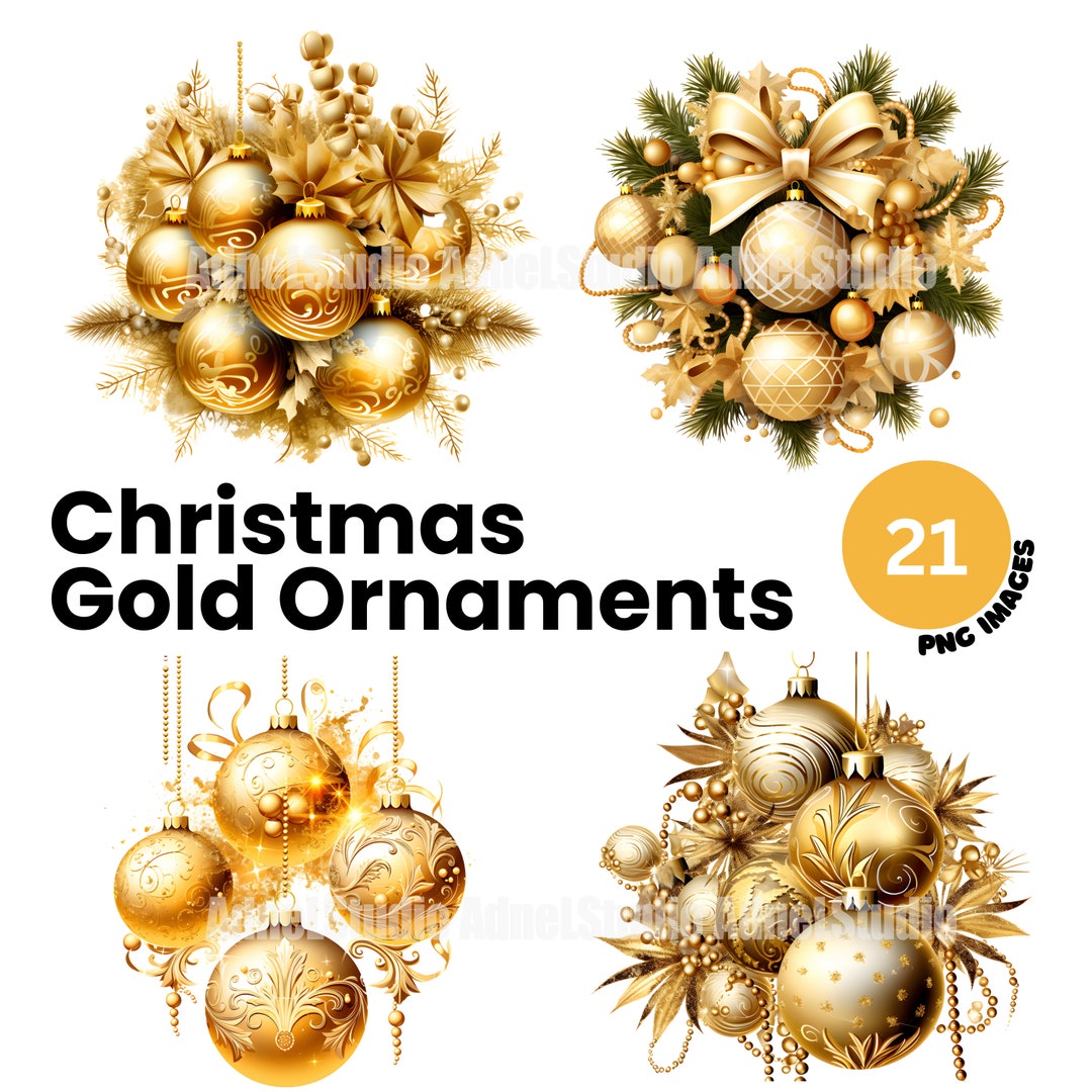Gold Christmas Ornaments Clipart, Watercolor Christmas Ornament PNG ...