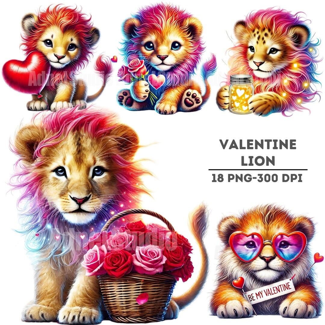 Valentine Lion Clipart, Cute Lion PNG, Floral Heart Graphics, Romantic ...