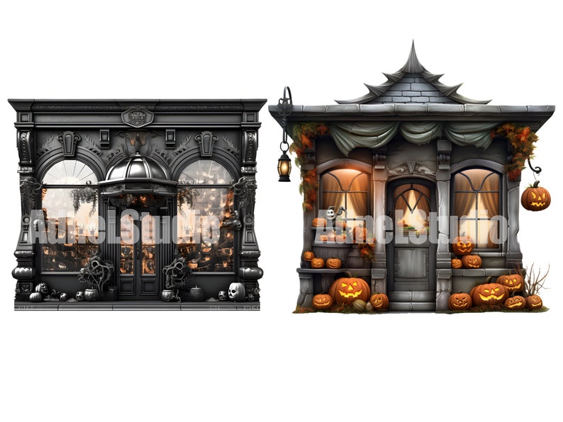 Halloween Storefront Clipart, Watercolor Halloween Shop Clipart ...