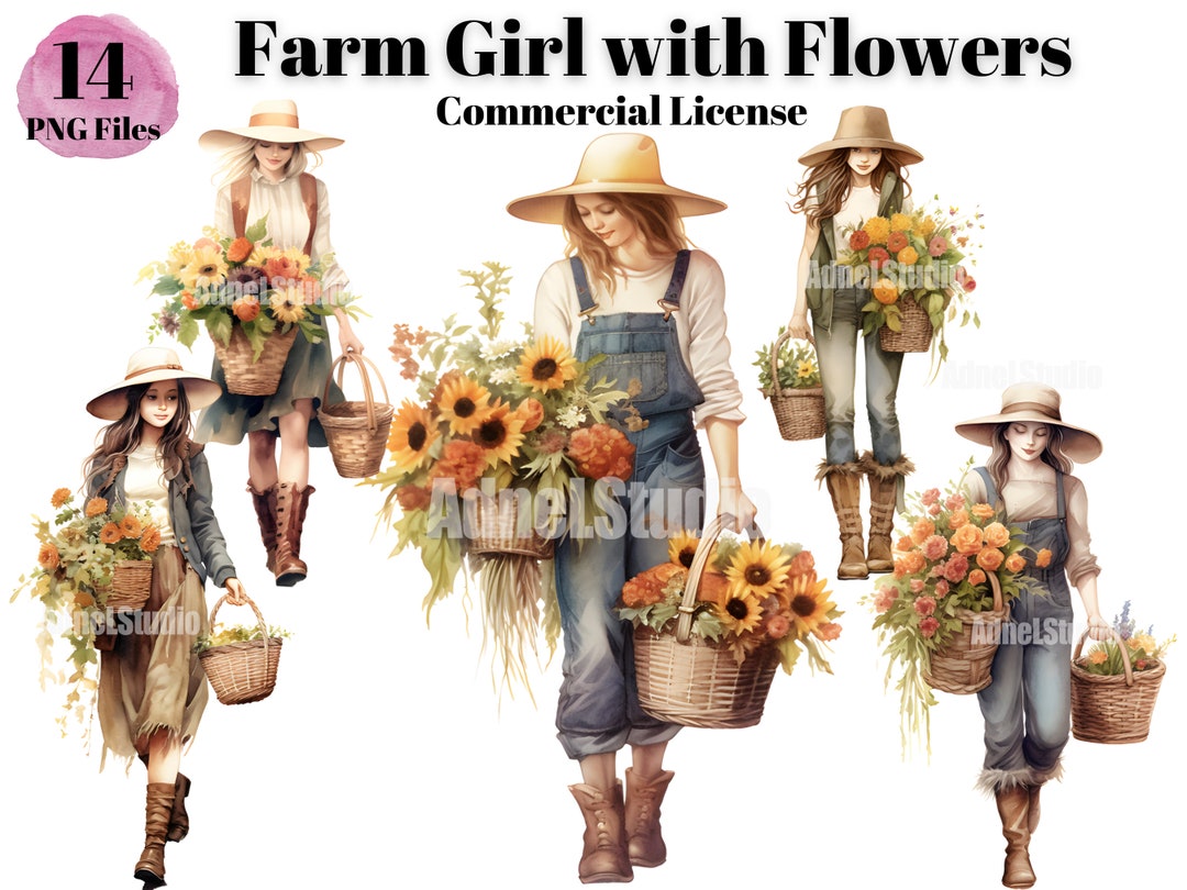 Watercolor Farm Girl With Flowers Clipart Cottagecore - Etsy