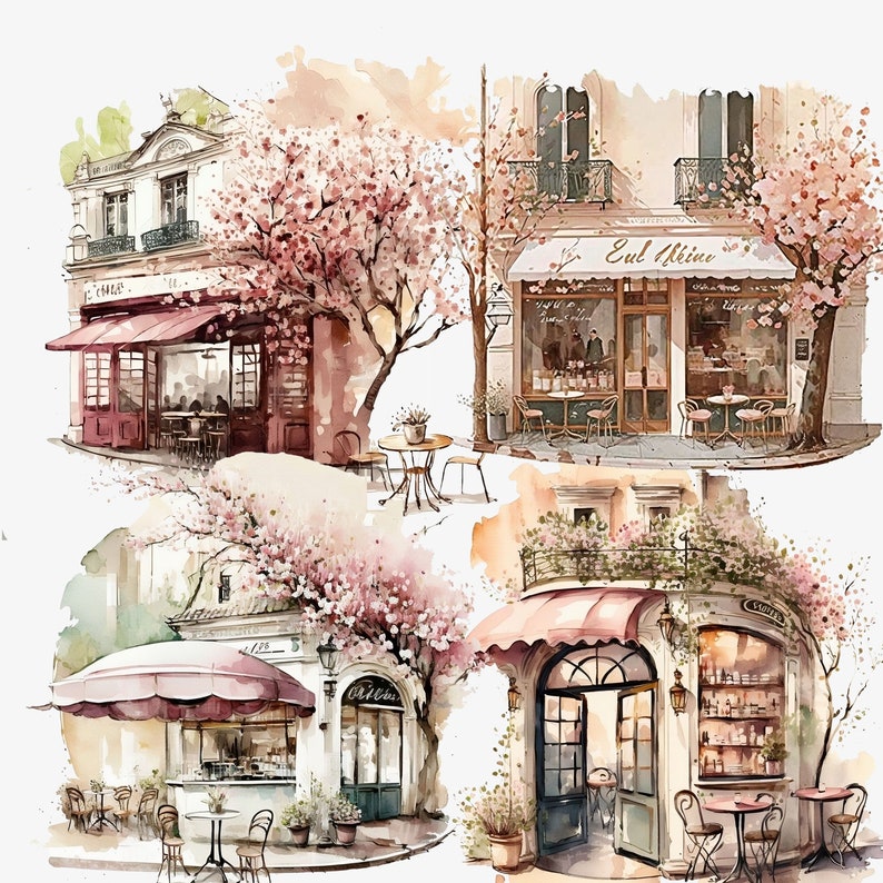 Watercolor Spring Coffee Shop Clipart 20 High Quality Cafe - Etsy