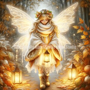 Cozy Autumn Fairy Illustration With Fall Leaves and Lanterns, Whimsical ...