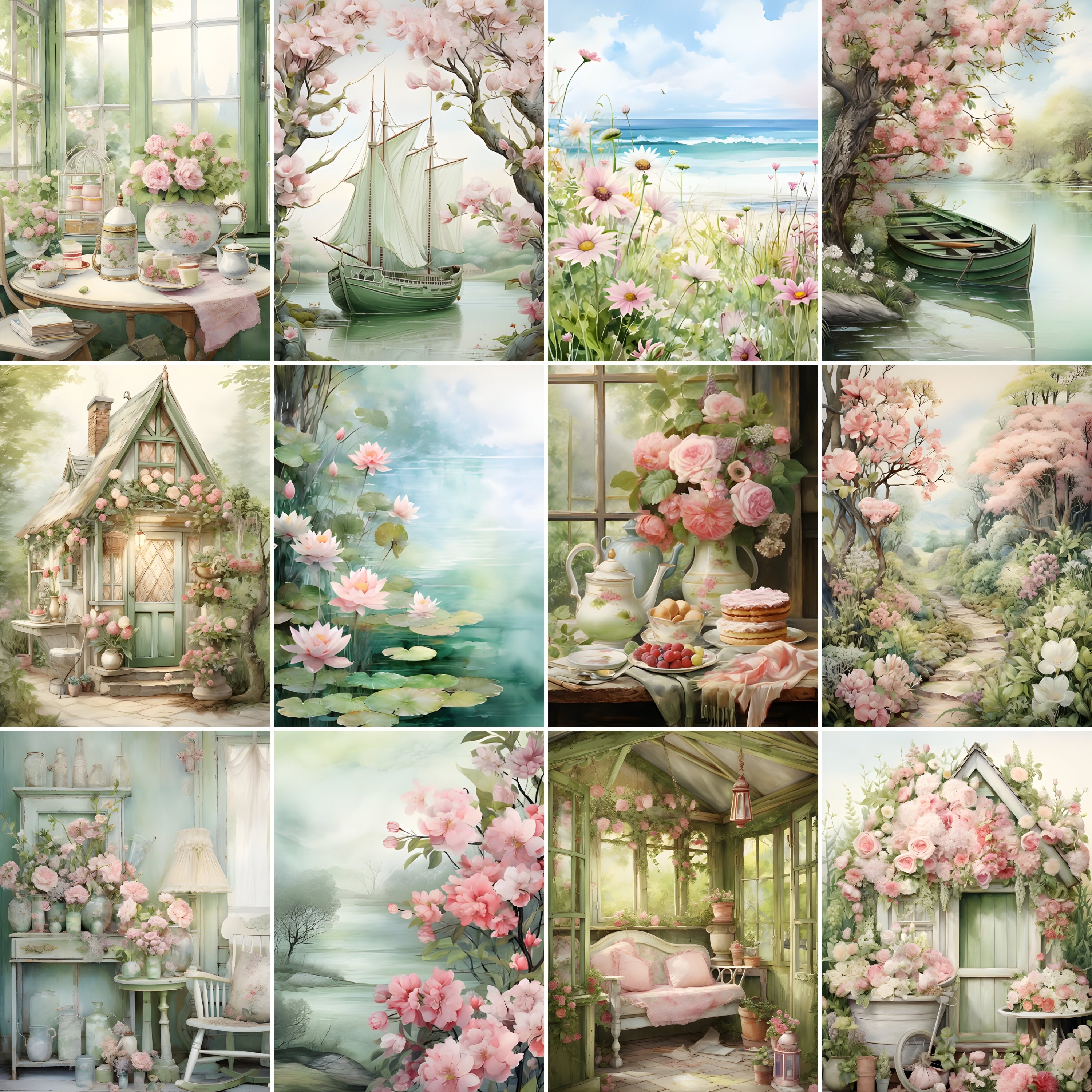 Cozy Green and Pink Cottage Junk Journal Pages - Vintage Scenery ...