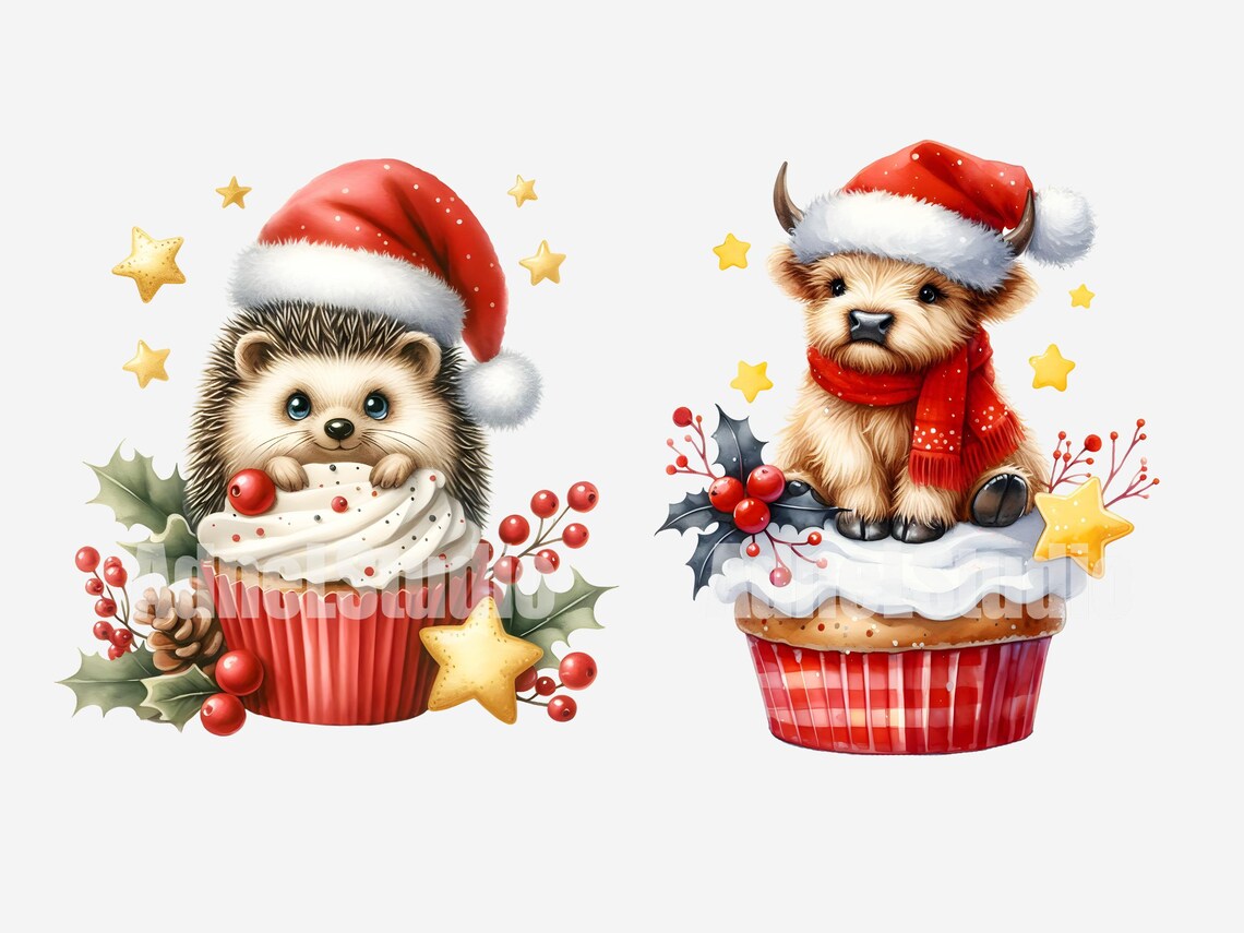 Adorable Animals on Cupcakes PNG Clipart Set, Cute Christmas Clipart ...