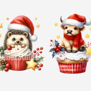Adorable Animals on Cupcakes PNG Clipart Set, Cute Christmas Clipart ...