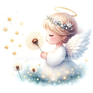 Little Angel Blowing Dandelion Digital Art, Cute Angelic Illustration ...