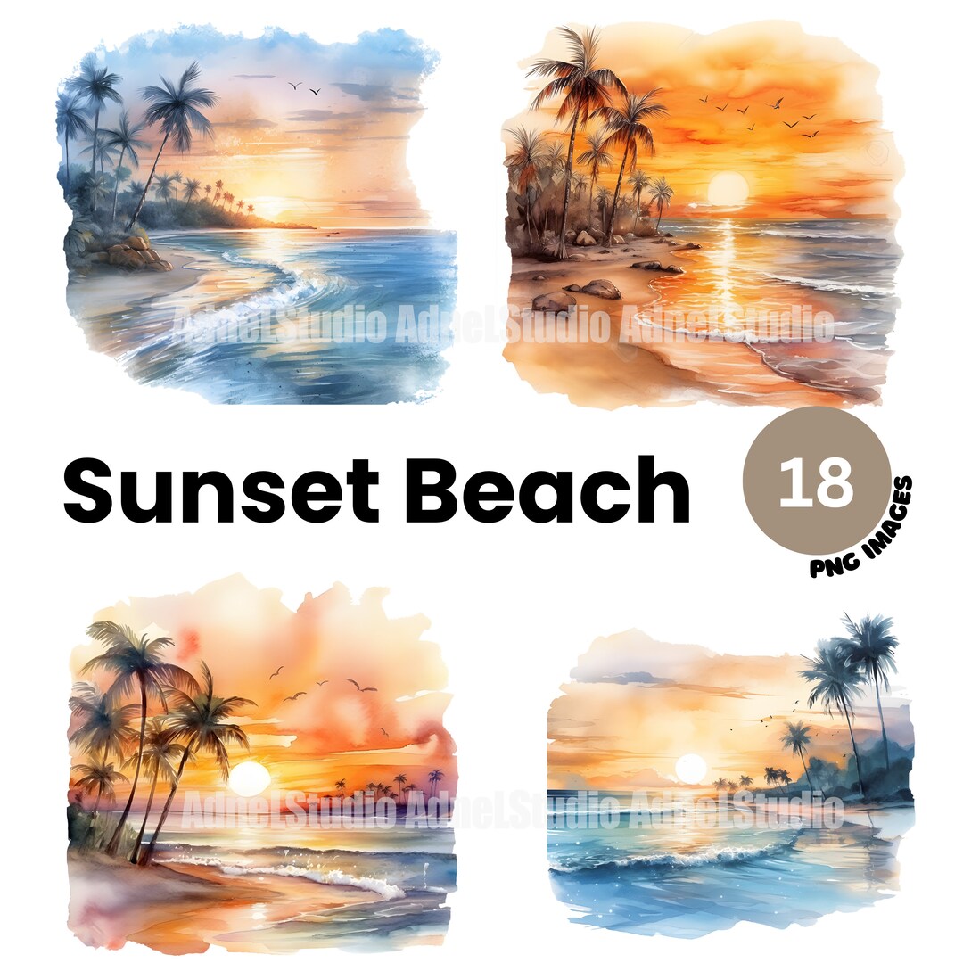 Watercolor Sunset Beach Clipart - Summer Sunset Beach Bundle, Summer ...