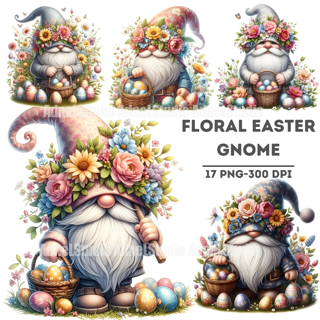 Floral Easter Gnome Clipart - Easter Clipart, Gnome Easter Sublimation ...