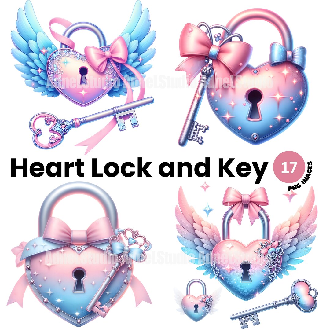 Watercolor Valentines Day Clipart, Heart Lock and Key Clipart, Romantic ...