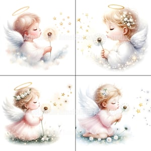 Little Angel Blowing Dandelion Digital Art, Cute Angelic Illustration ...