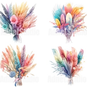 Rainbow Boho Flowers Clipart - Watercolor Boho Floral Bouquet Clipart ...