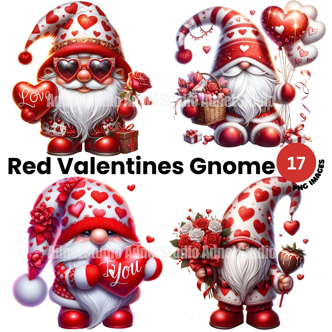 Red Valentines Gnome Clipart, Watercolor Valentines Day Clipart ...