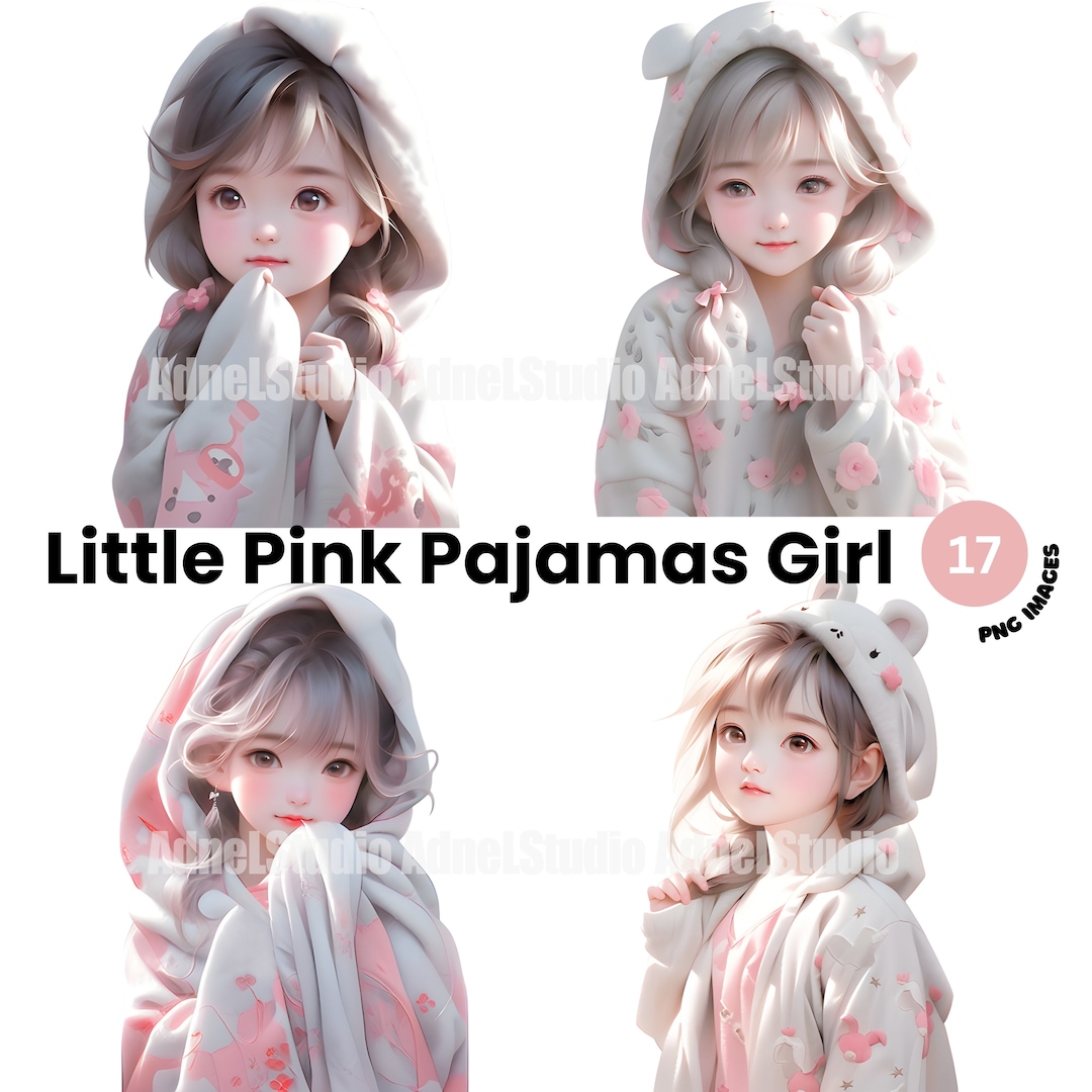 Watercolor Pink Pajamas Girl Clipart, Pink Little Girl Clipart, Kawaii ...