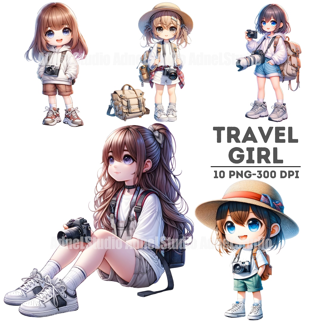Watercolor Travel Girl Clipart, Summer Girl Clipart, Chibi Girl Clipart ...