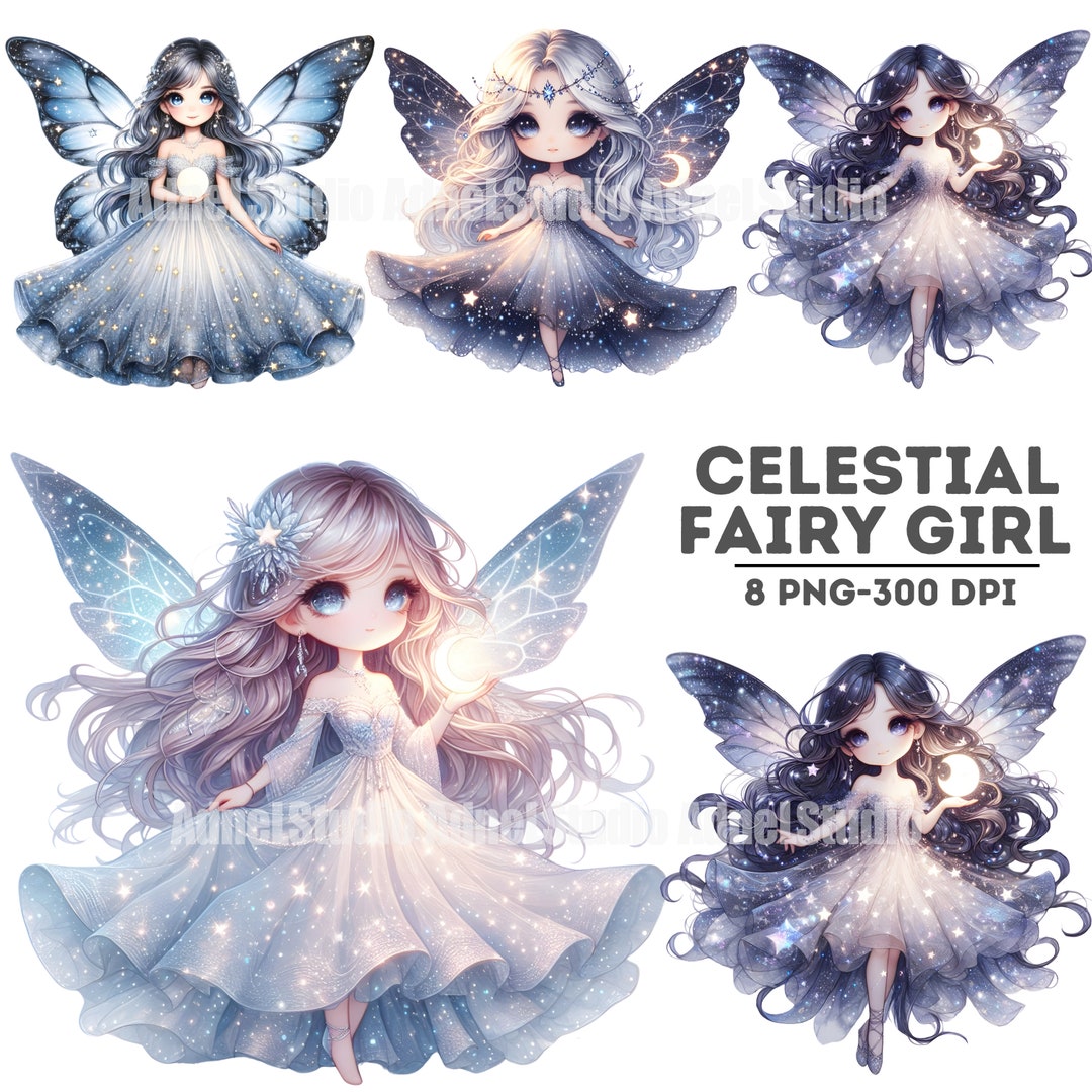 Watercolor Fairy Clipart, Celestial Fairy Clipart, Chibi Girl Clipart ...