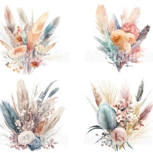 Pastel Boho Flowers Clipart - Watercolor Boho Floral Bouquet Clipart ...