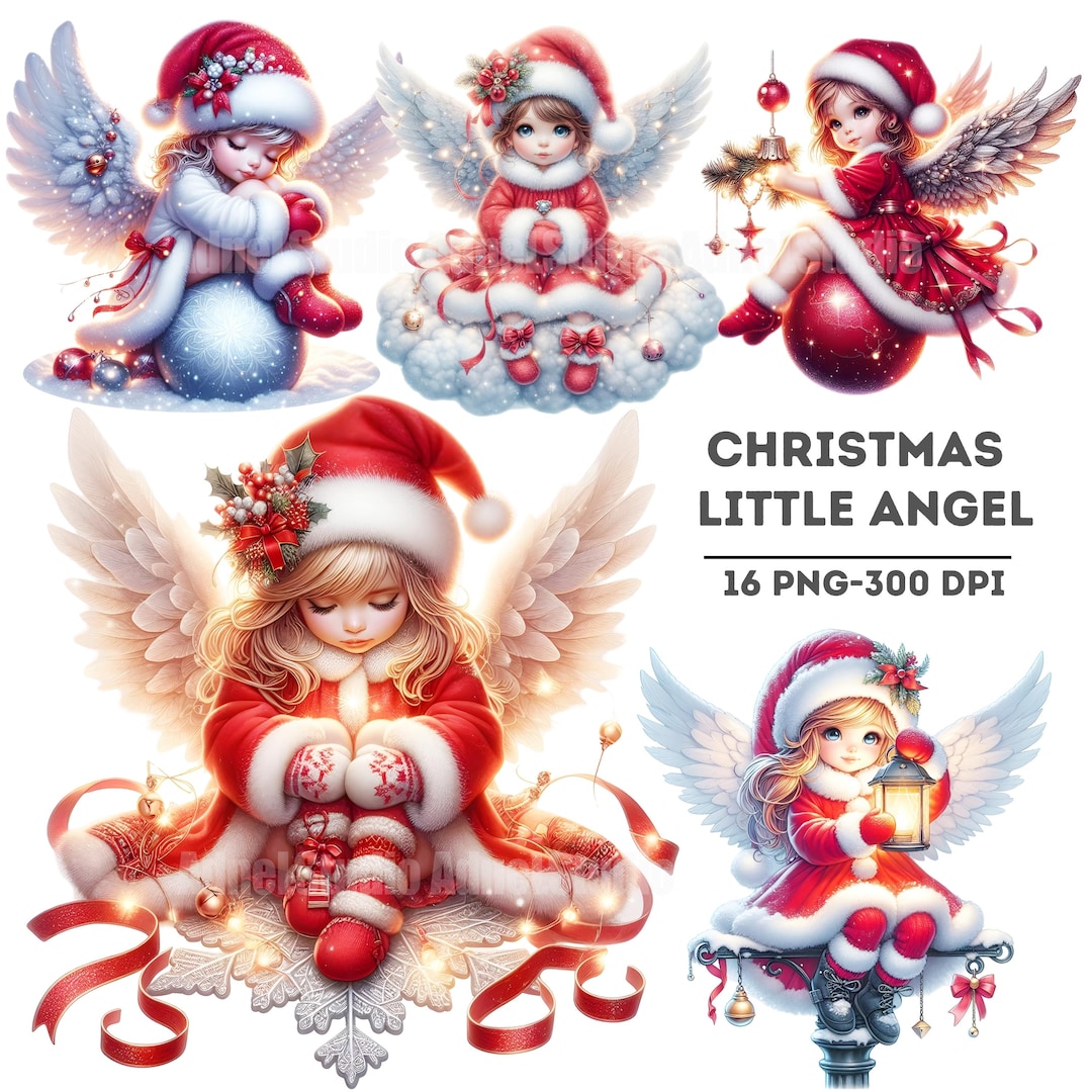 Christmas Little Angel PNG Clipart Bundles, Holiday Decor Art, Festive ...