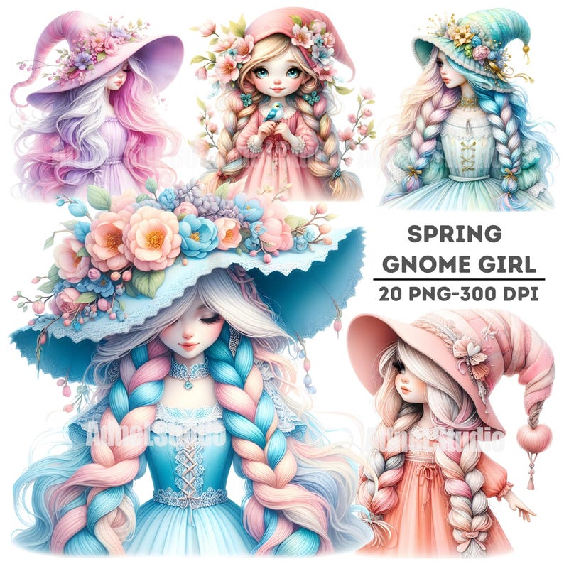 Watercolor Spring Gnome Girl Clipart, Floral Gnome PNG, Cute Pastel ...