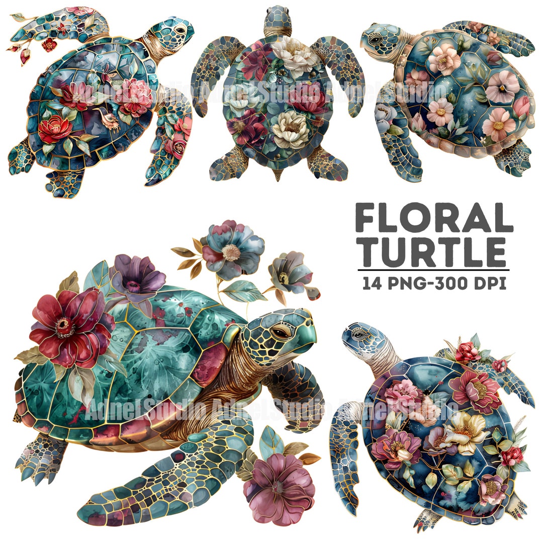 Watercolor Floral Turtle Clipart, Watercolor Sealife Clipart, Floral ...