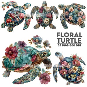 Watercolor Floral Turtle Clipart, Watercolor Sealife Clipart, Floral ...