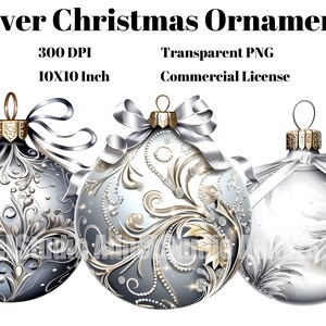 Silver Christmas Ornaments Clipart, Watercolor Ornament Clipart ...