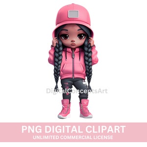Cute Black Chibi Girl Clipart, Black Hip Hop Girl PNG, Afro Fashion ...
