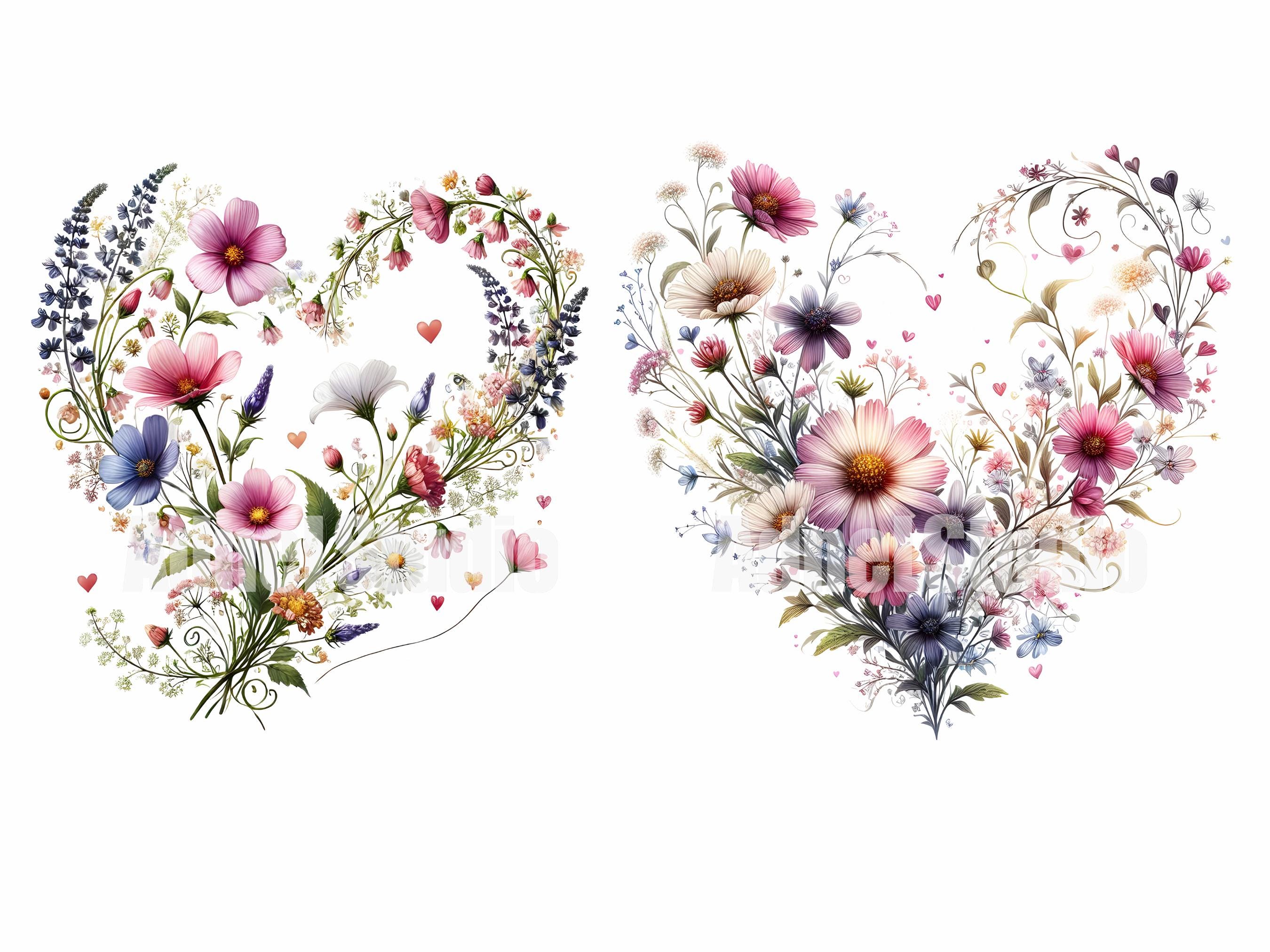 Watercolor Wildflower Heart Clipart, Floral PNG Graphics, Romantic ...