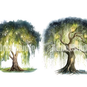 Watercolor Fairy Light Willow Tree Clipart - Willow Tree Landscape ...