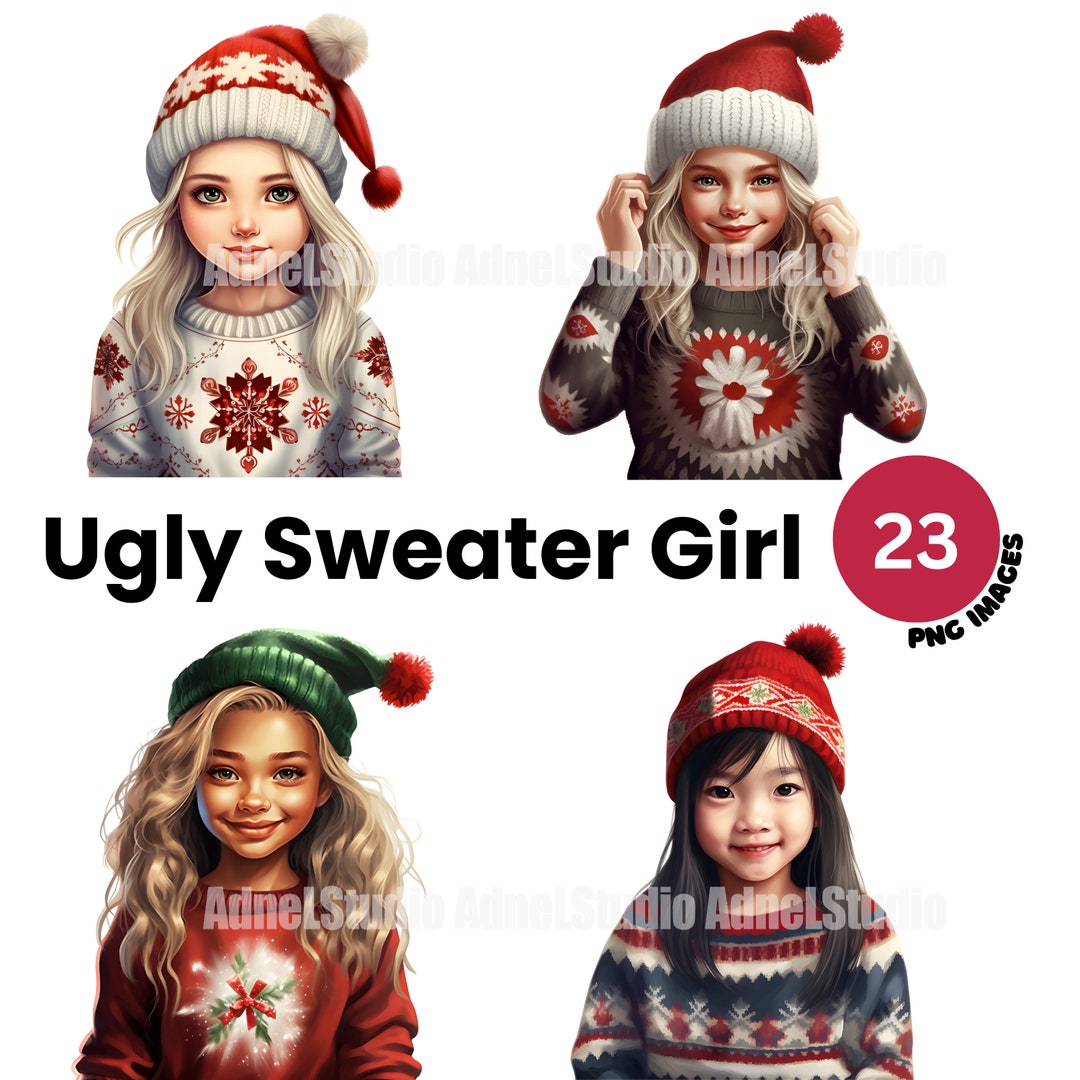 Christmas Ugly Sweater Girl Clipart - Watercolor Christmas Girl Clipart ...