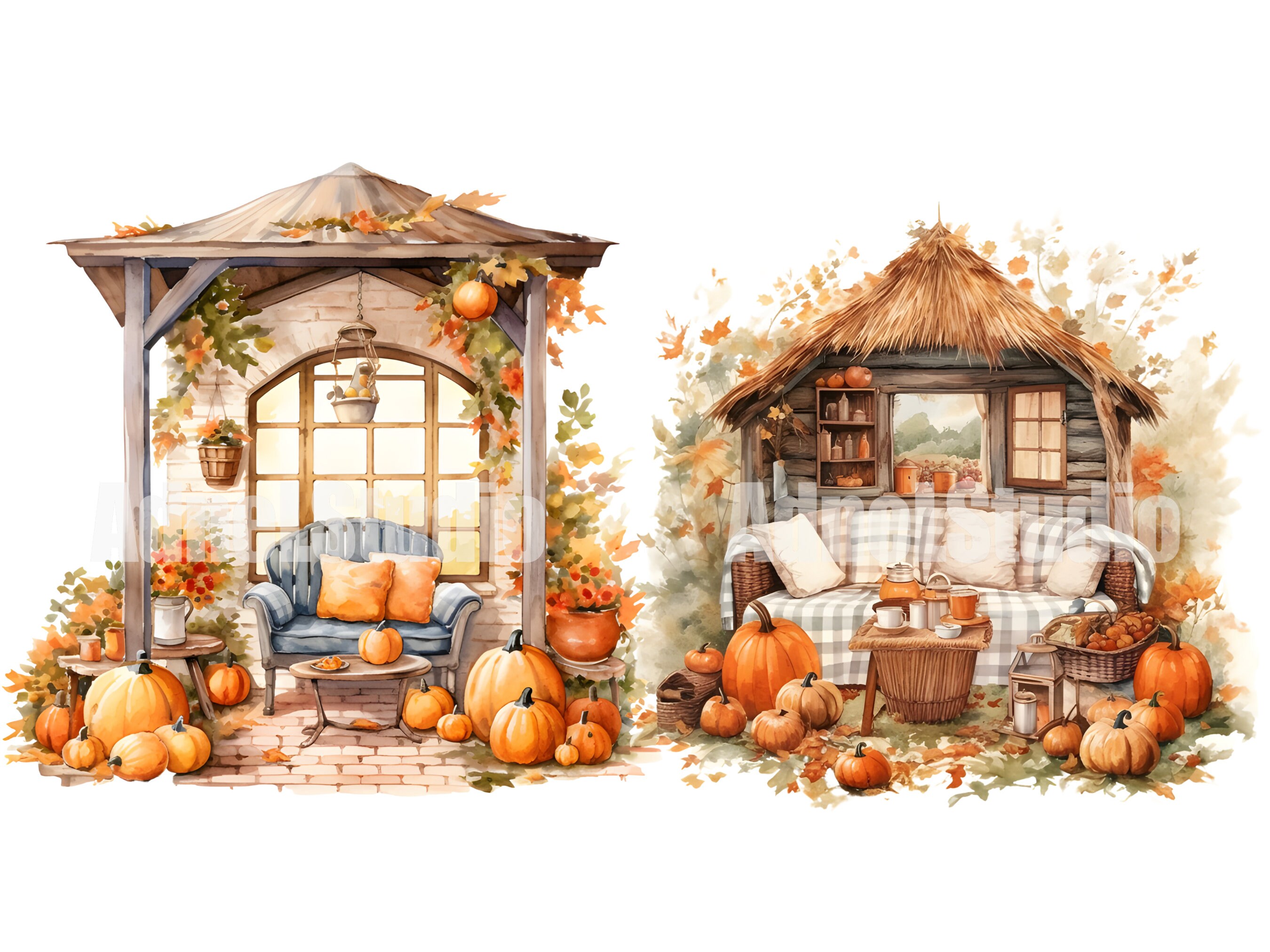 Watercolor Cottage Clipart - Vintage Cottage Core Clipart, Fall Cottage ...