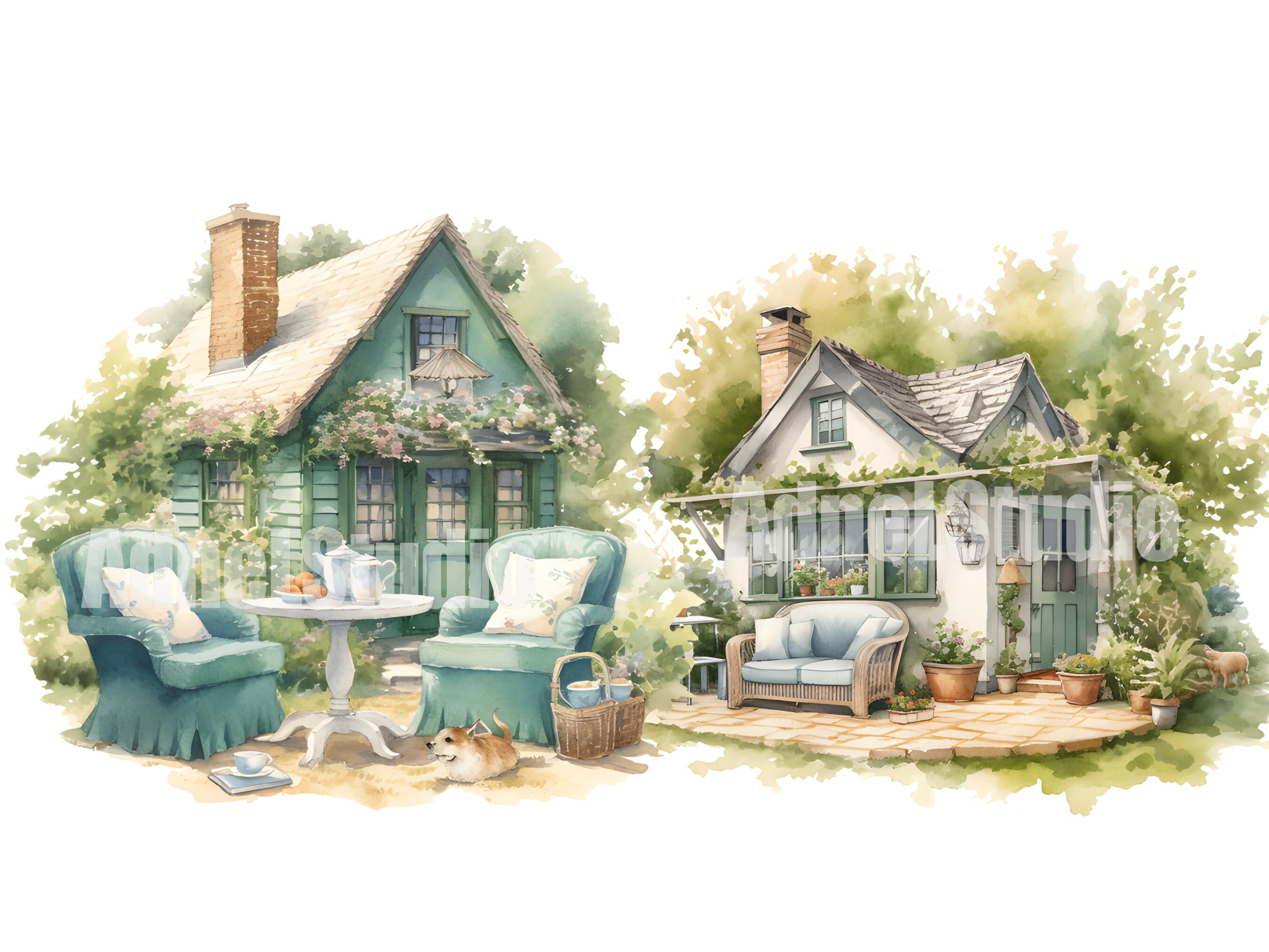 Watercolor Cottage House Clipart - Cottagecore Clipart, Cottage Life ...