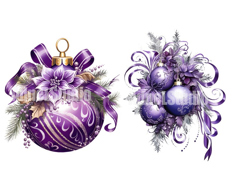 Purple Christmas Ornaments Clipart, Watercolor Ornament Clipart ...