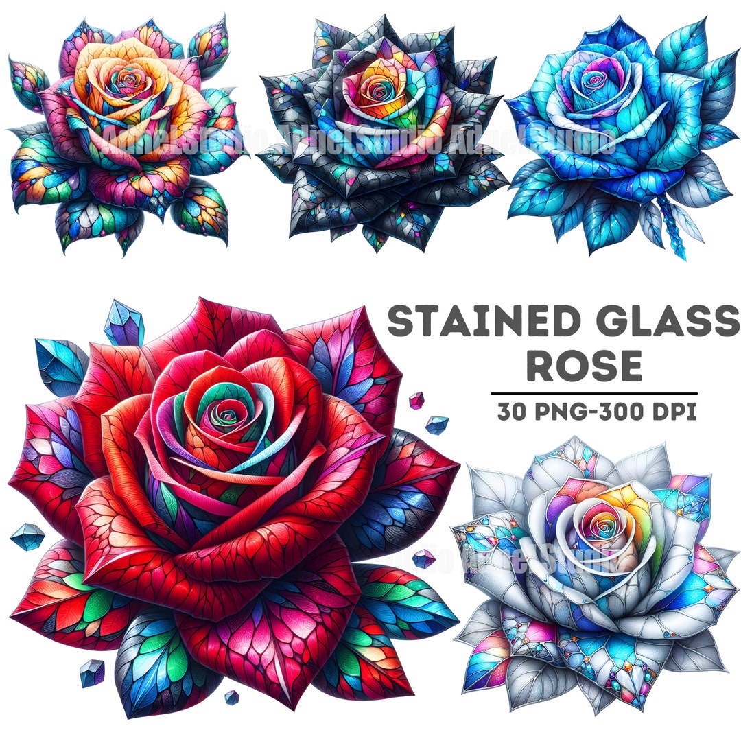 Stained Glass Rose Clipart Bundle, Stained Glass Rose Wall Art, Rose ...